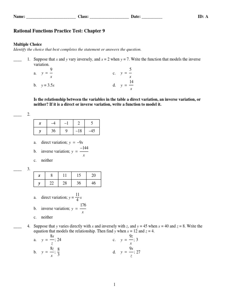 Rational Functions Practice Test Chapter 9 Download Free Pdf