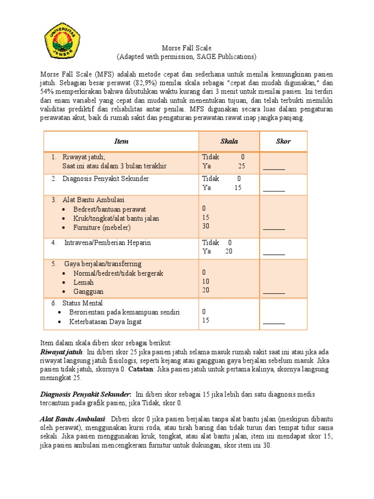 Morse Fall Scale Adapted Unej Version | PDF