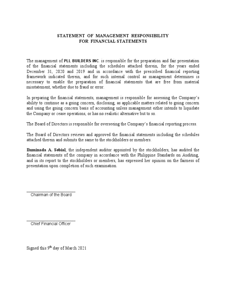 Statement of Management Responsibility For Financial Statements | PDF ...