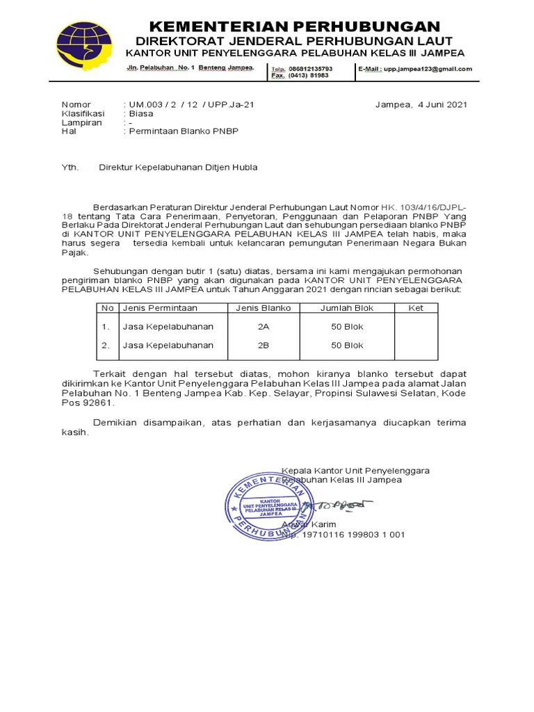 Permintaan Blanko PUJK - 2021 - UPP Jampea | PDF