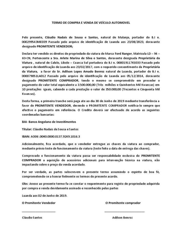 Termo de Acordo de Compra e Venda | PDF | Business