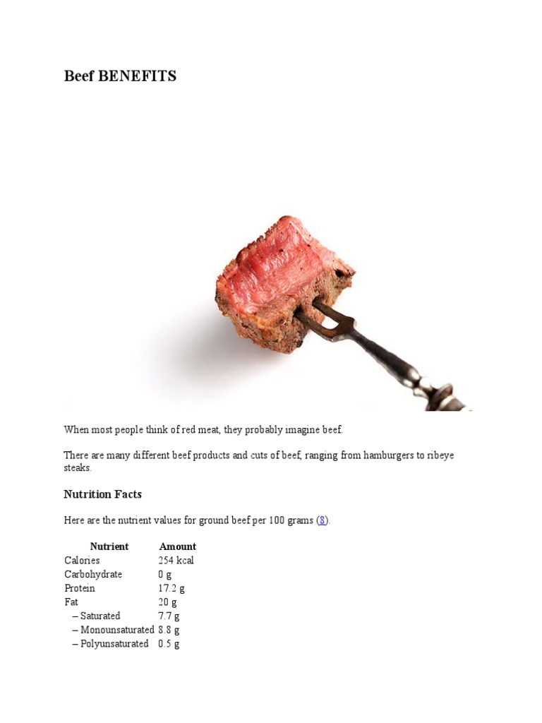 Beef Benefits: Nutrition Facts | PDF | Nutrients | Fat