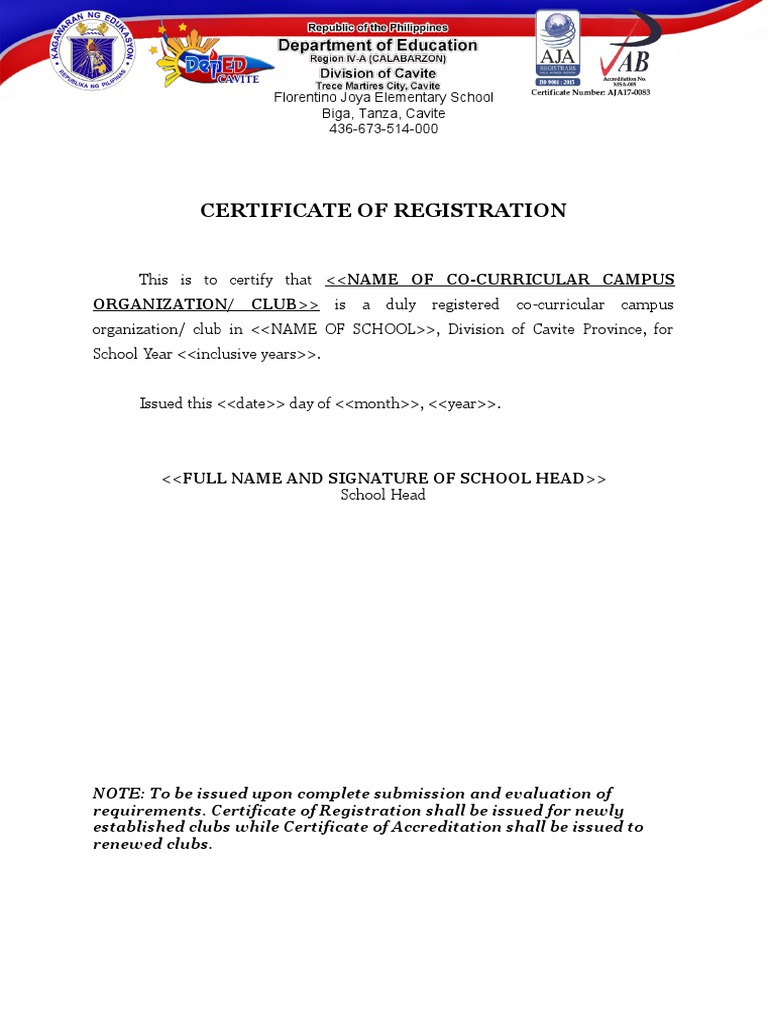 Certificate of Registration and Accreditation for Co-Curricular Campus ...