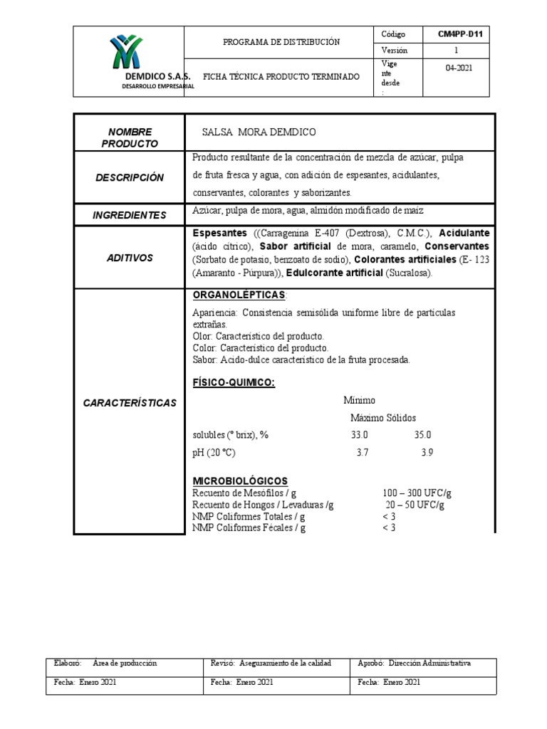 Salsa de Mora Demdico: Ficha Técnica | PDF | Carne | Nutrición