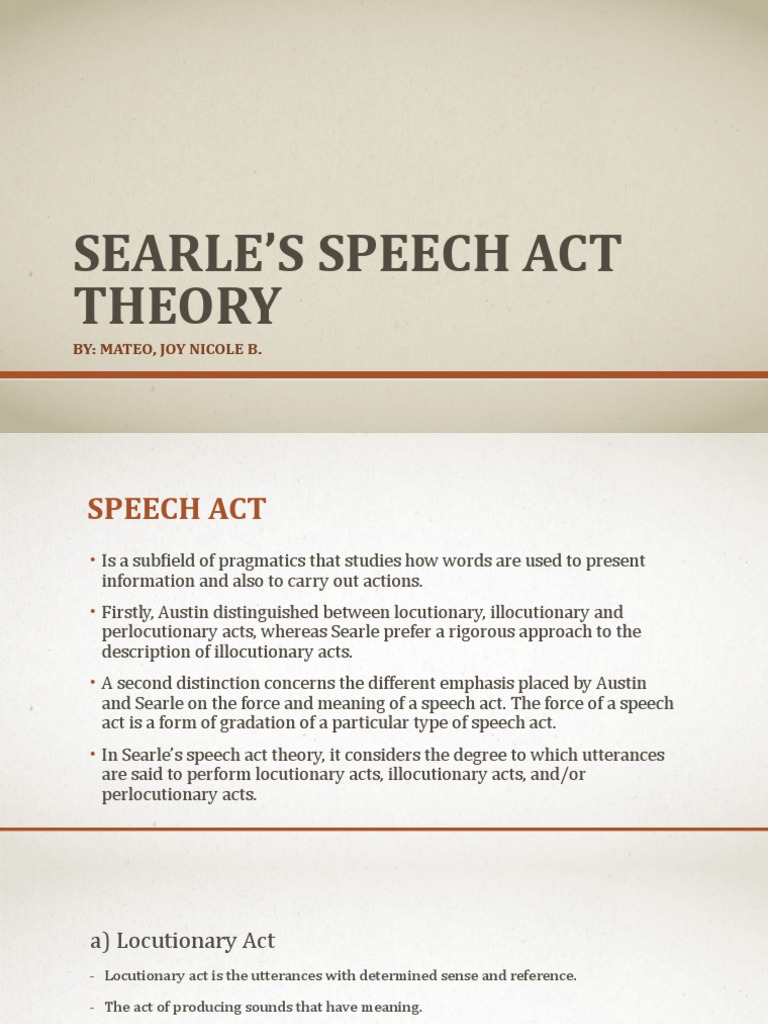 Searle'S Speech Act Theory: By: Mateo, Joy Nicole B | PDF | Western ...