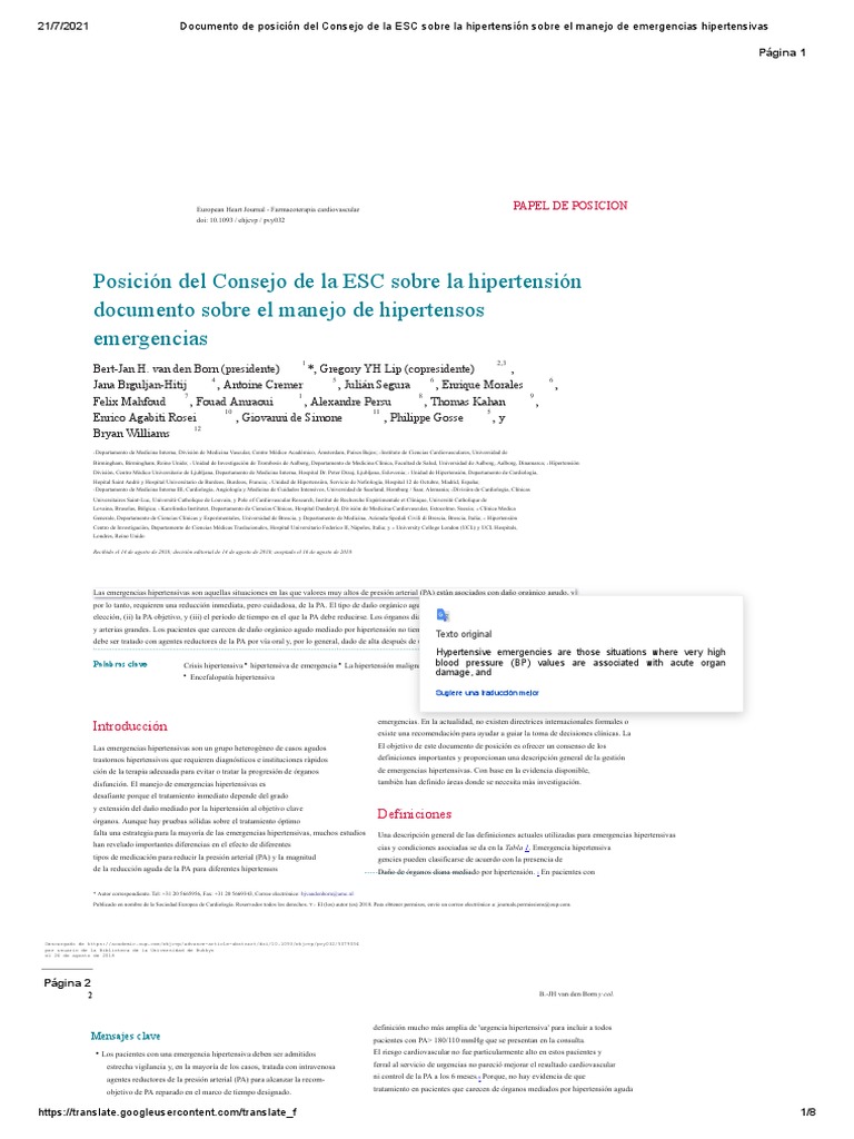 Documento de Posición Del Consejo de La ESC Sobre La Hipertensión Sobre El Manejo de Emergencias ...