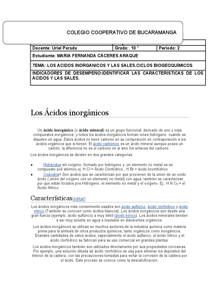 Los Ácidos Inorgánicos: Características | PDF | Sal (química) | Ácido