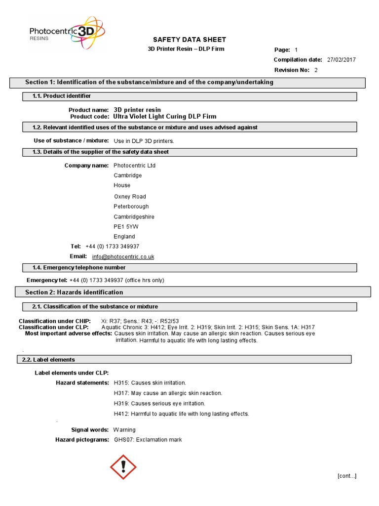 Photocentric 3d Resin DLP Firm Msds English | PDF | Firefighting | Toxicity