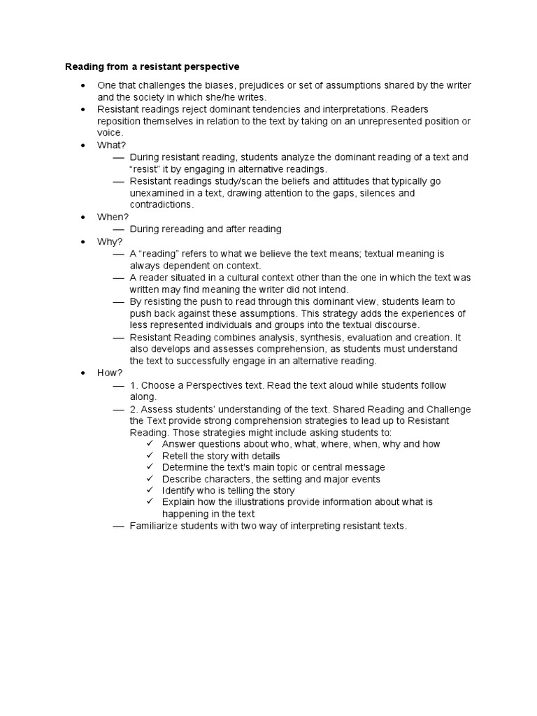 Reading From A Resistant Perspective | PDF | Reading Comprehension ...
