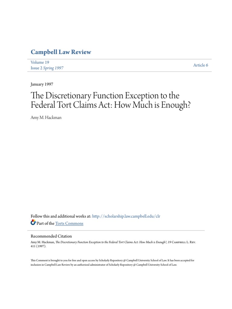 The Discretionary Function Exception To The Federal Tort Claims A Pdf Federal Tort Claims 