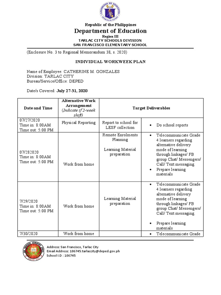 Week 9 GONZALES, CATHERINE M. Individual Workweek Plan and Accomplishment Report | PDF ...