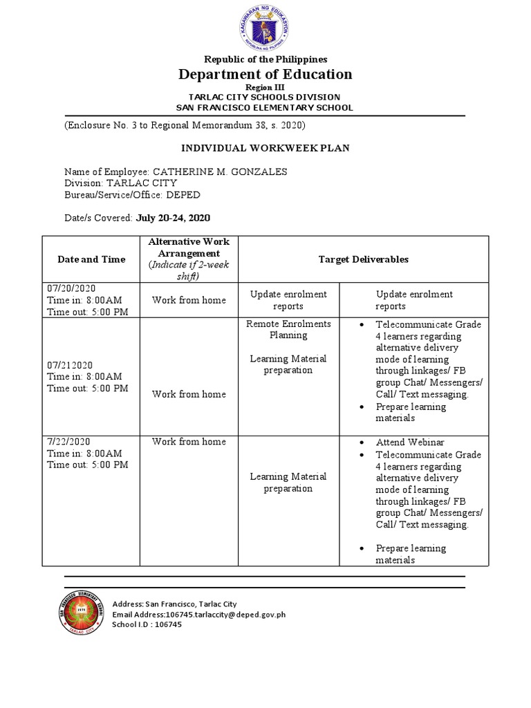 Week 8 GONZALES, CATHERINE M. Individual Workweek Plan and ...