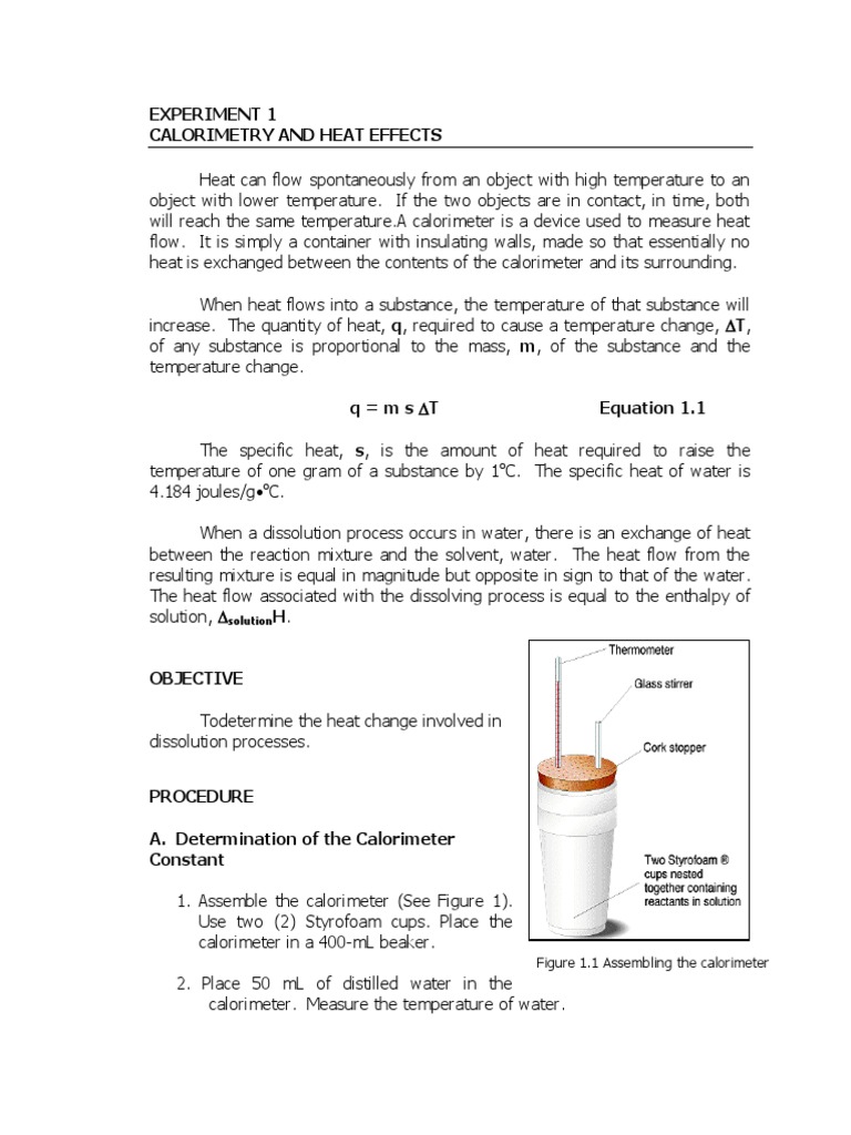 Experiment 1 Calorimetry and Heat Effects: Solution | PDF | Calorimetry ...
