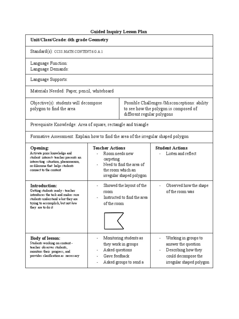 Guided Inquiry Lesson Plan Unit/Class/Grade: 6th Grade Geometry | PDF ...