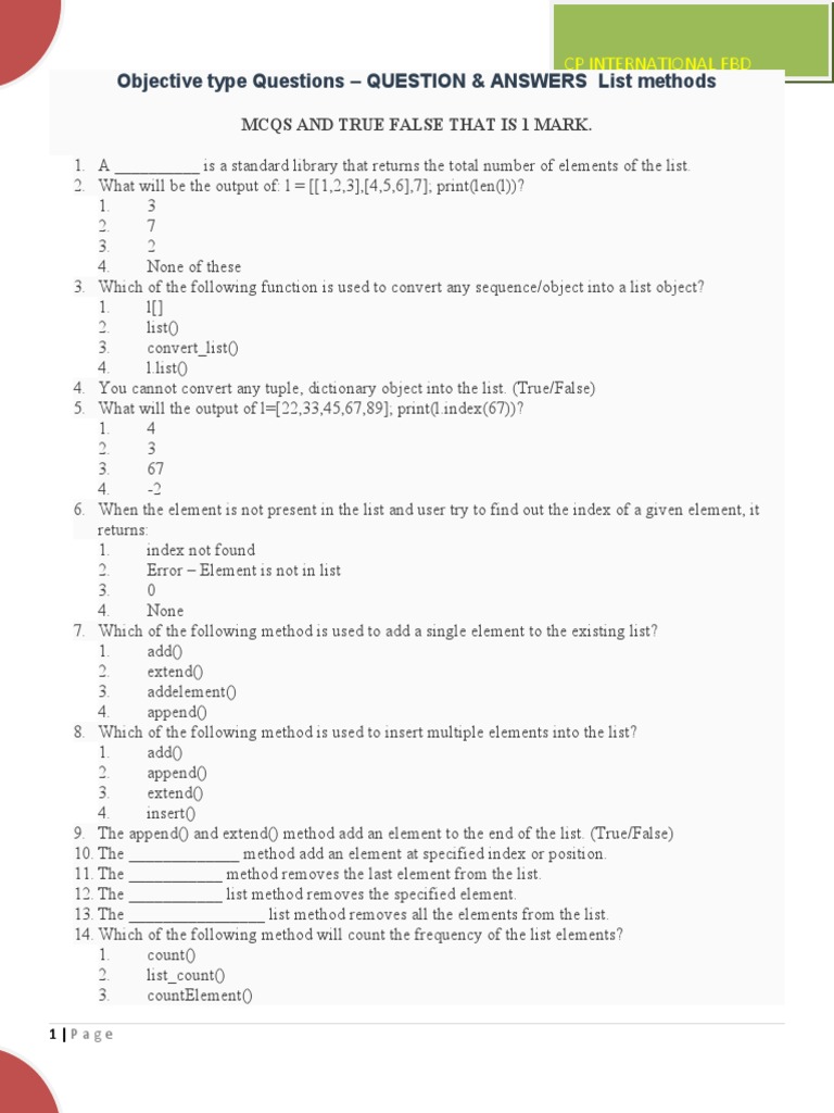 Objective Type Questions - QUESTION & ANSWERS List Methods: Mcqs and ...