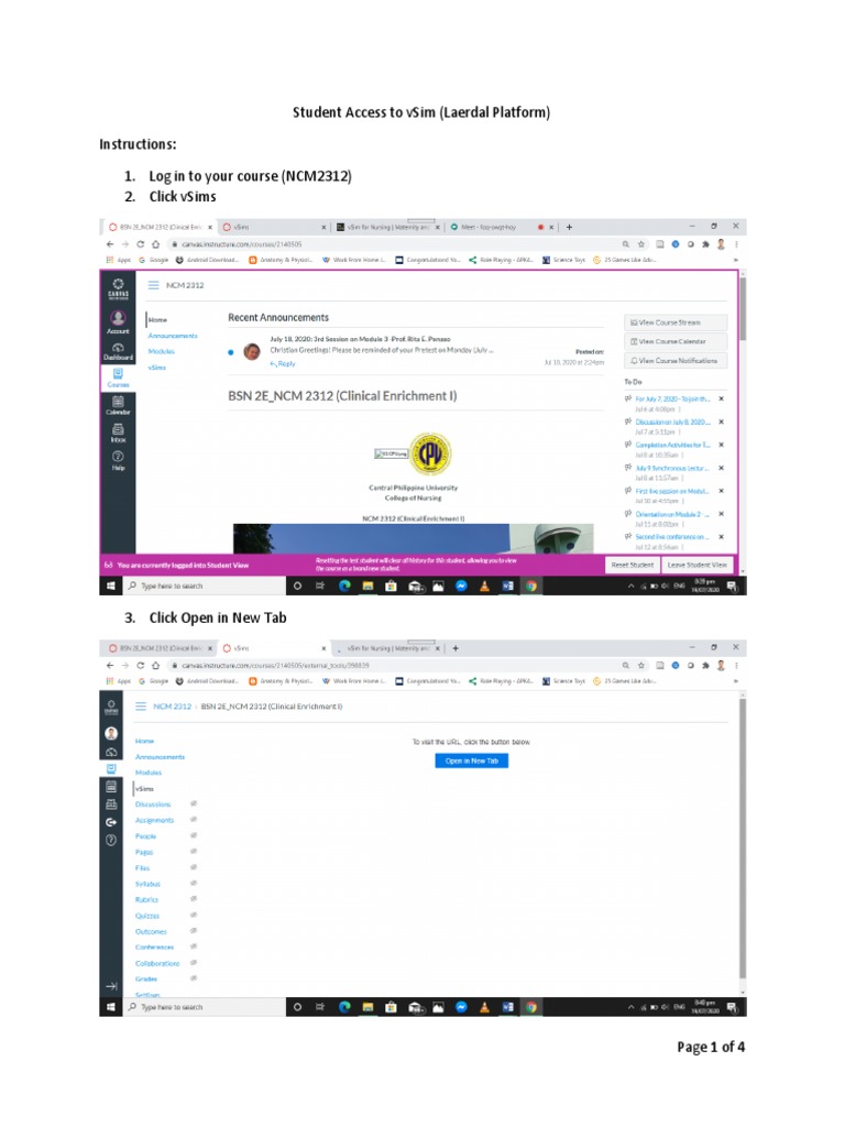 Student Access To Vsim (Laerdal Platform) Instructions: 1. Log in To ...