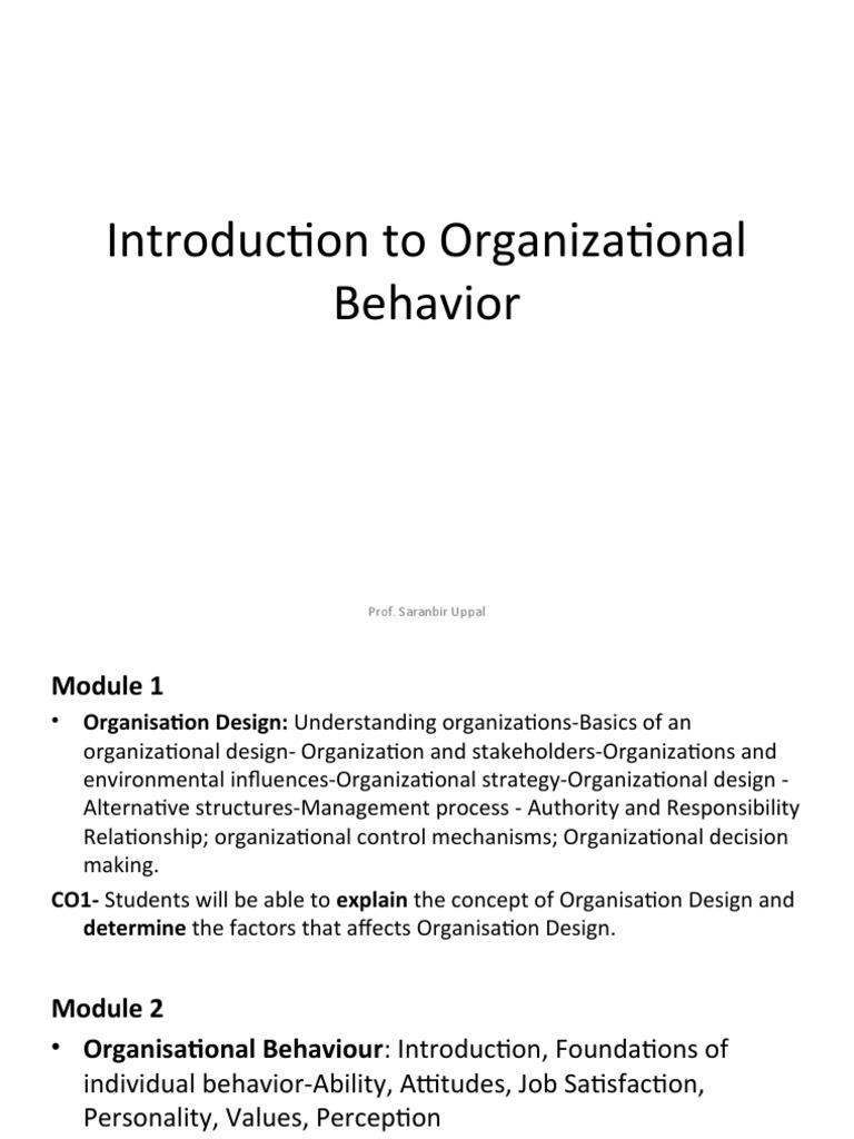Introduction To Organizational Behavior: Prof. Saranbir Uppal | PDF ...