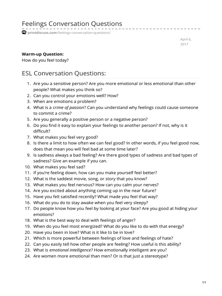 Feelings Conversation Questions | PDF