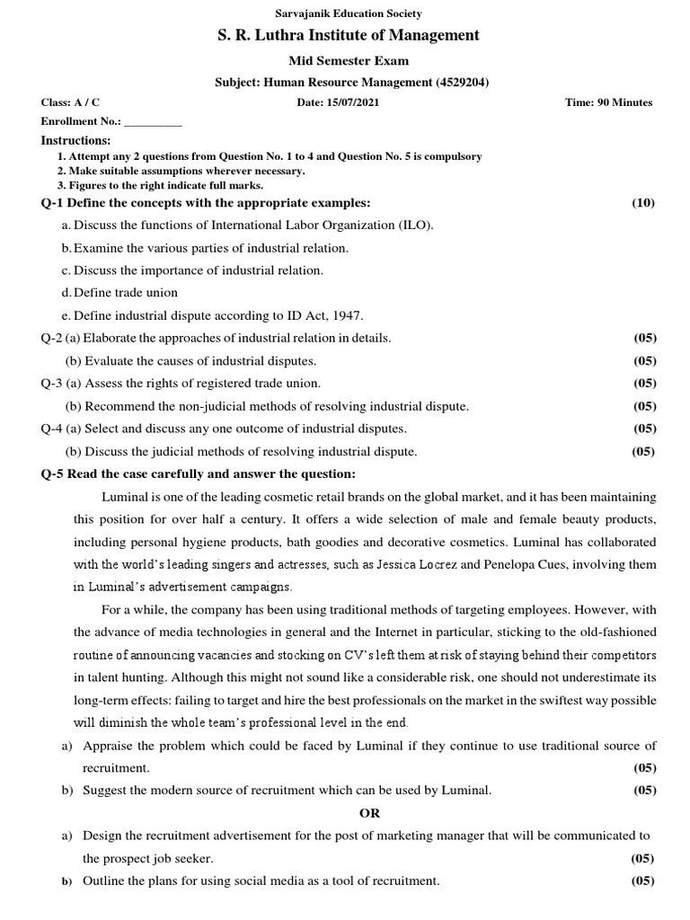 HRM - Mid Sem Exam Paper - Batch - 2020-22 | PDF | Recruitment | Cosmetics