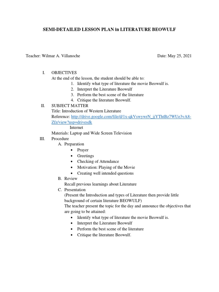 Beowulf Literature Lesson Plan | PDF | Lesson Plan | Beowulf
