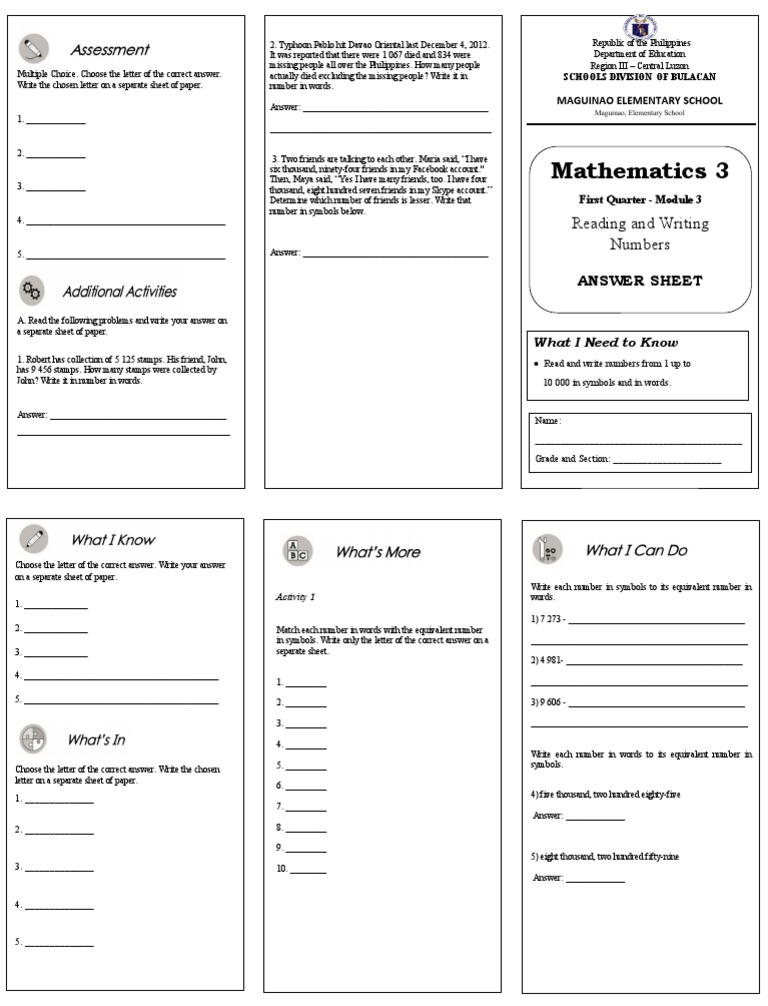 Answer Sheet Math 3 Module 3 | PDF | Teaching Mathematics