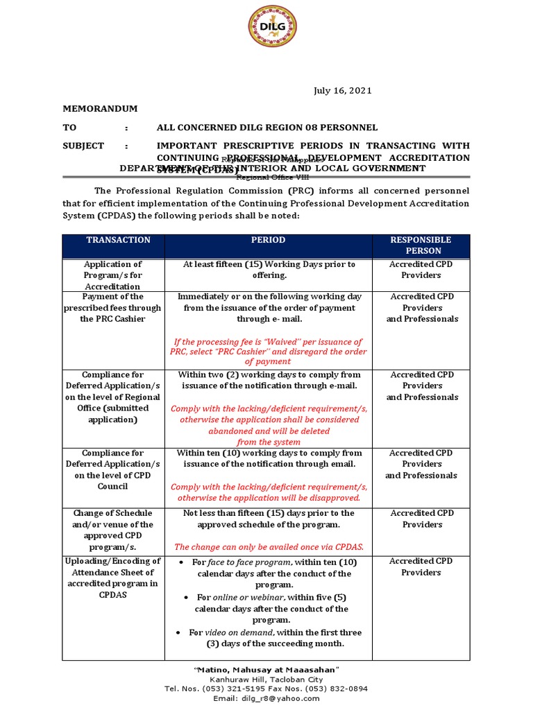 Important Prescriptive Periods in Transacting With Continuing Professional Development ...