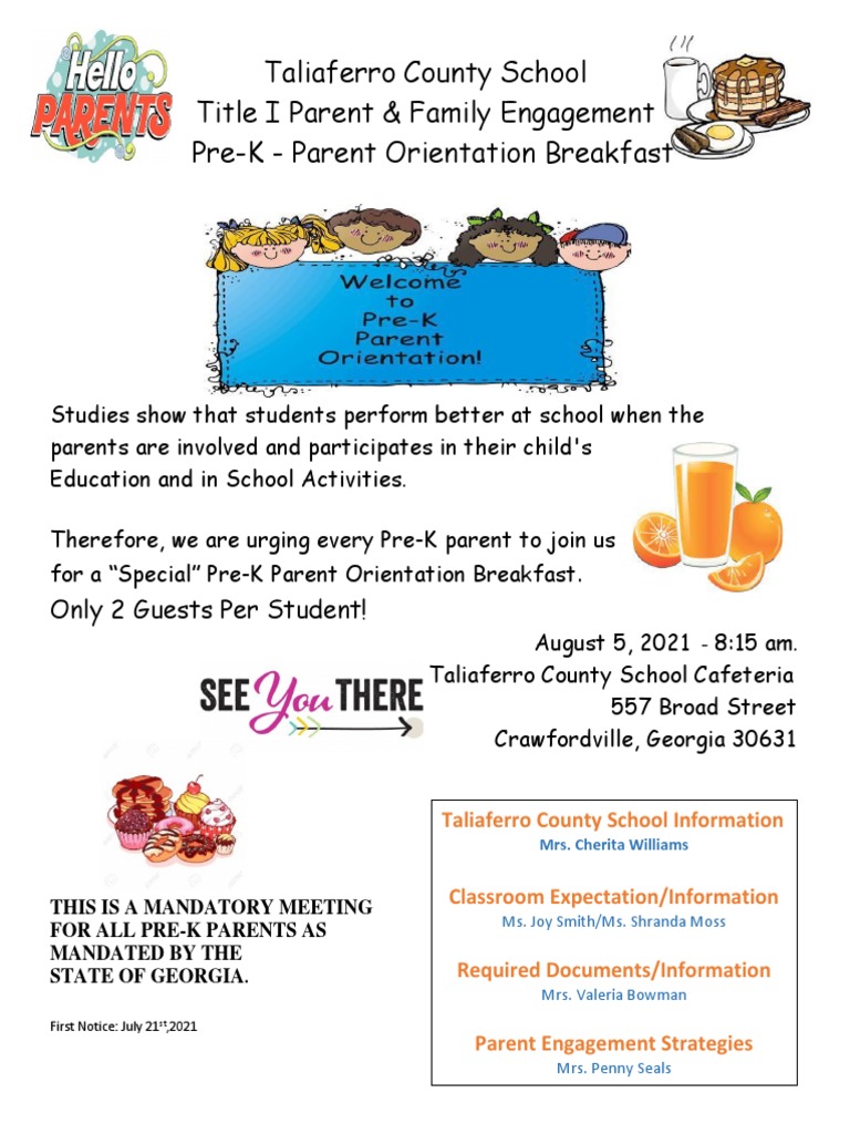 Pre-K Parent Orientation Breakfast 2021 | PDF