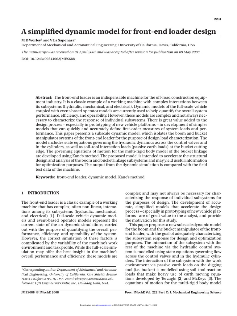 A Simplified Dynamic Model For Front-End Loader Design: M D Worley ...