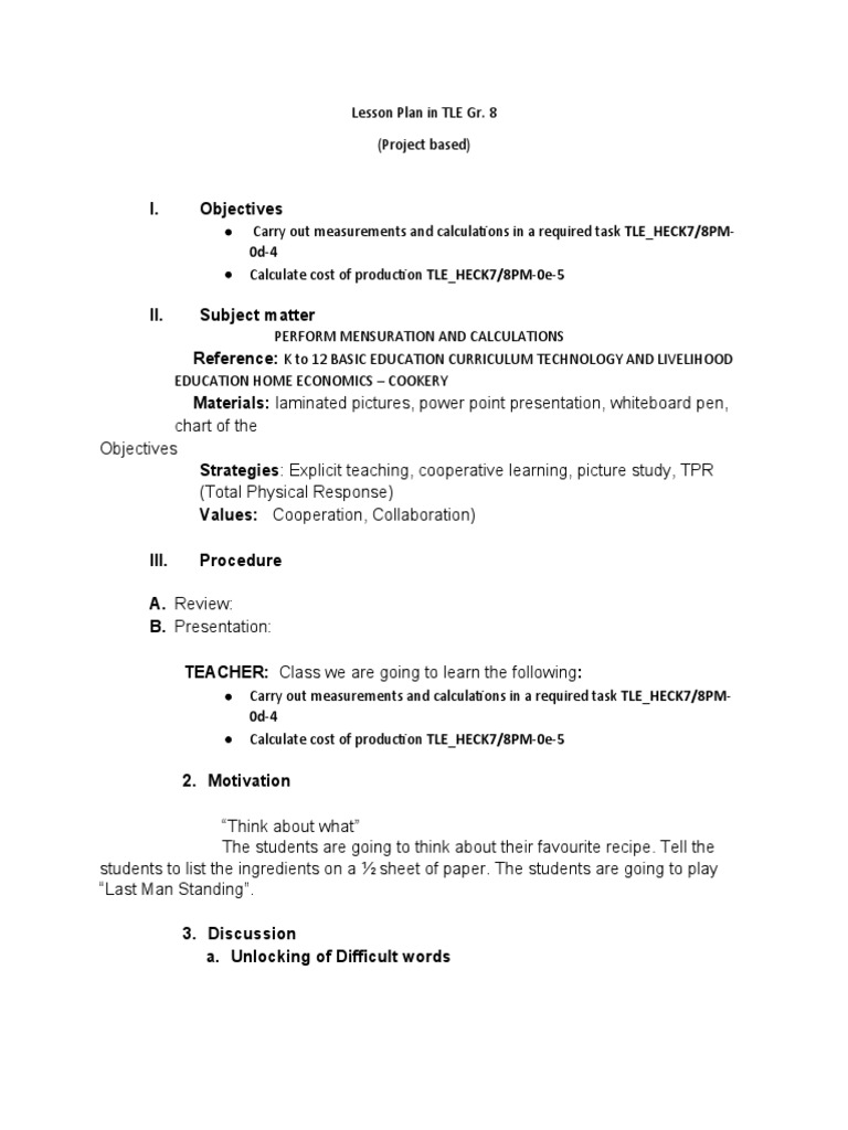 Project-Based Lesson Plan for TLE Gr. 8 | PDF | Lesson Plan | Measurement
