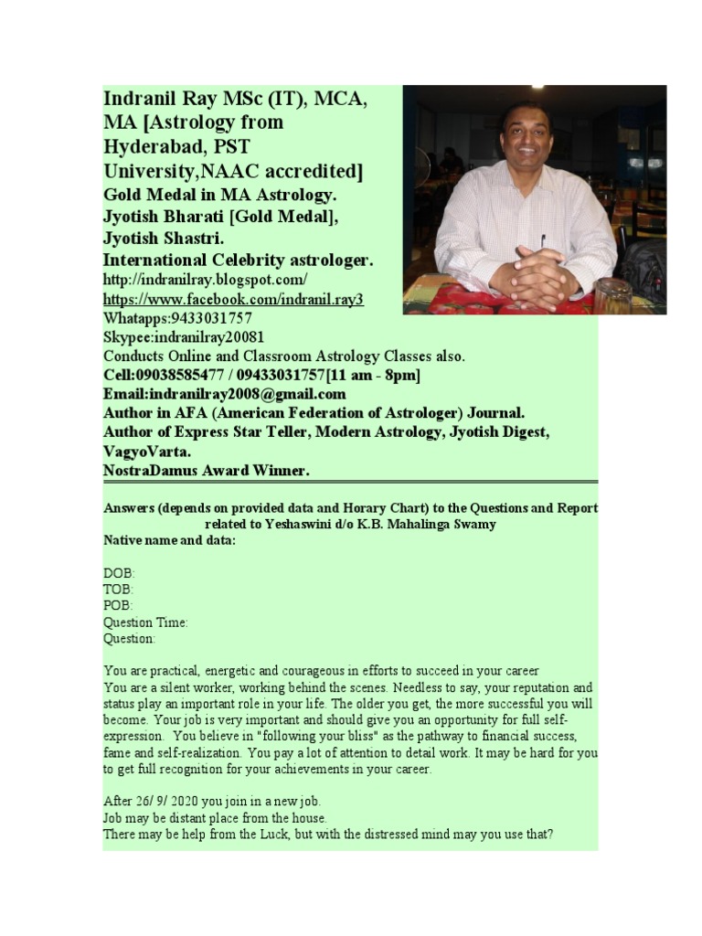 Indranil Ray MSC (It), Mca, Ma (Astrology From Hyderabad, PST ...