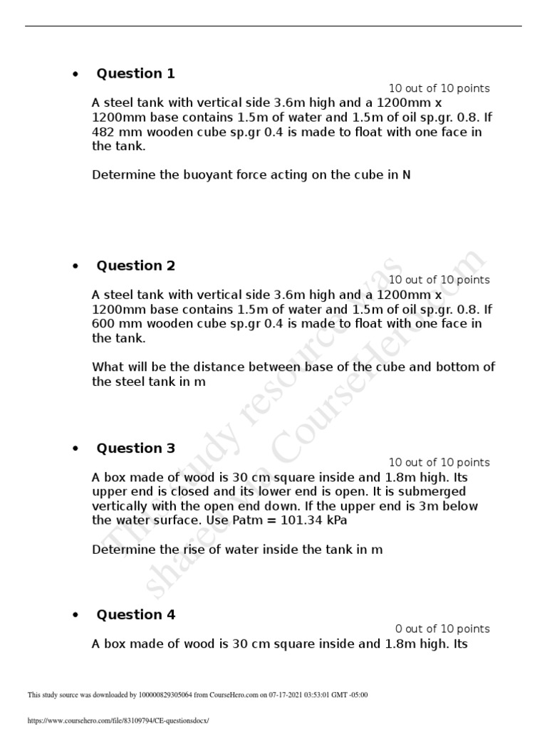 CE Questions | PDF | Sphere | Buoyancy