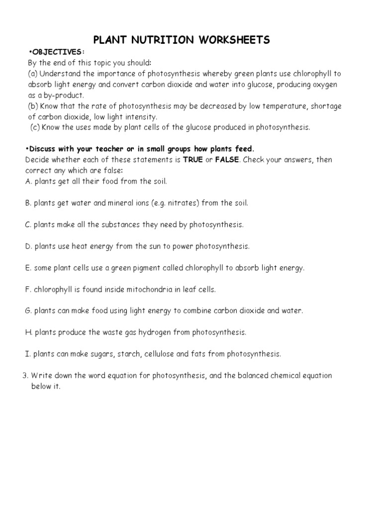Plant Nutrition Worksheets | PDF | Photosynthesis | Plants