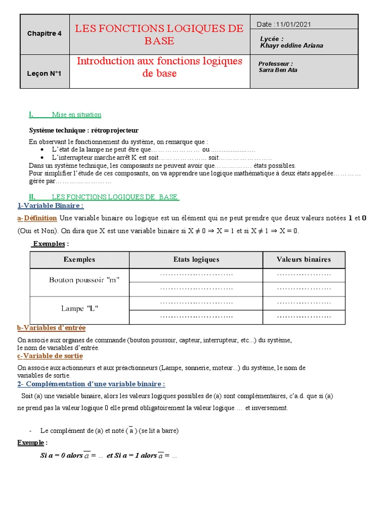 Lecon1-Les Fonctions Logiques de Base | PDF | Fonction logique | Logique mathématique
