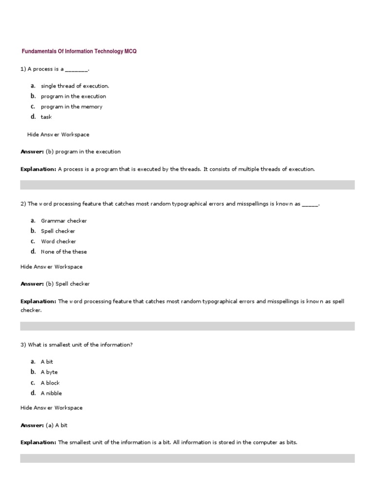 Fundamentals of Information Technology MCQ | PDF | Random Access Memory | Computer Data Storage