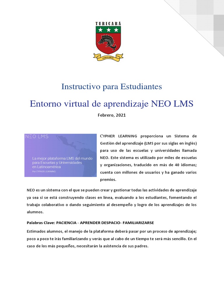 Instructivo Estudiante Turicará NEO LMS 2021 | PDF | Pedagogía ...