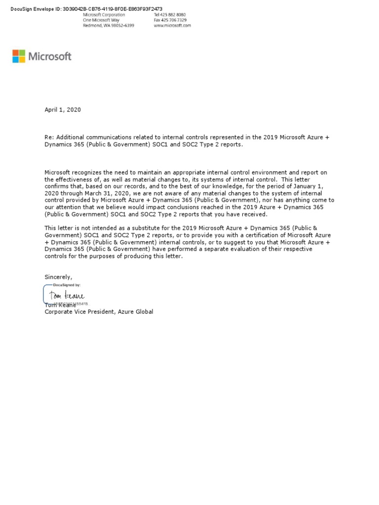 SOC 2 Bridge Letter for Microsoft Azure | PDF | Business | Finance ...