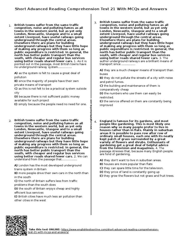 864 Short Advanced Reading Comprehension Test 21 With Mcqs and Answers ...