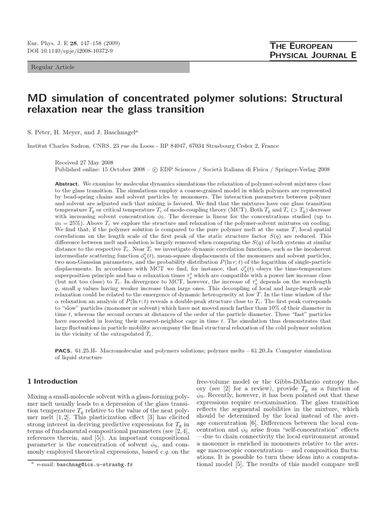 MD Simulation of Concentrated Polymer Solutions: Structural Relaxation ...