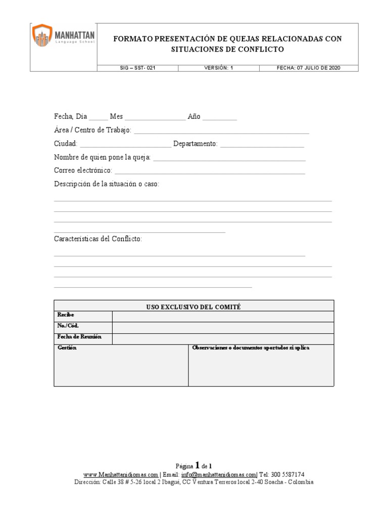 FT-SST-021 Formato para Presentar Quejas Relacionadas Con Situaciones ...
