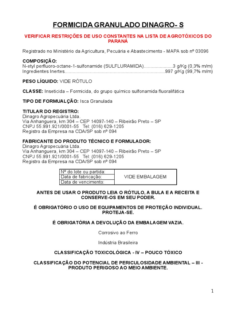 Formicida Granulado Dinagro-S | PDF | Embalagem e rotulagem | Inseticida