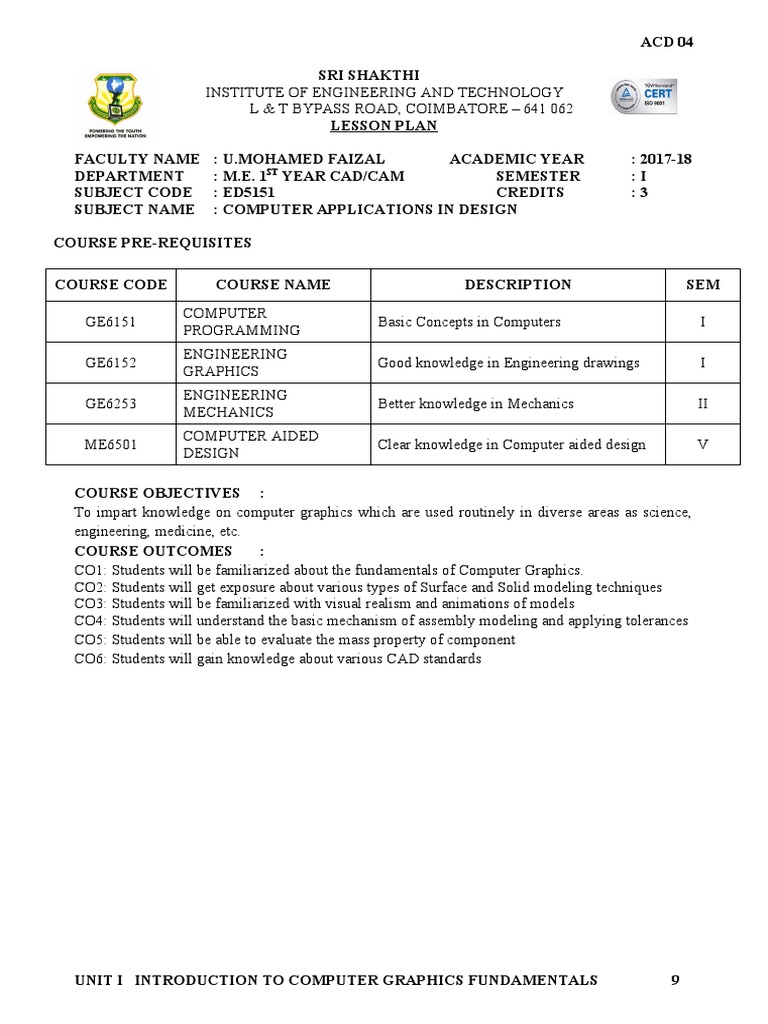 ME-CAD LESSON PLAN - Faizal | PDF | 2 D Computer Graphics | Computer ...