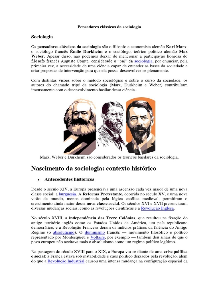 Pensadores Clássicos Da Sociologia 1ANO | PDF | Émile Durkheim | Sociologia