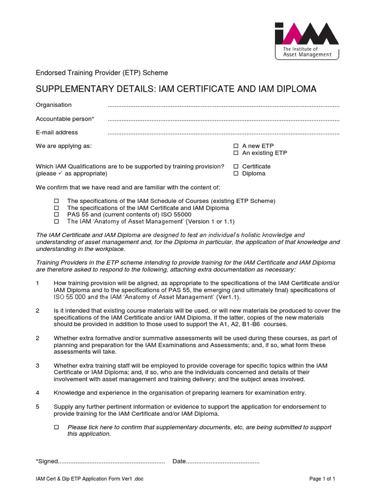 IAM Certificate & Diploma Application Form | PDF | Specification ...