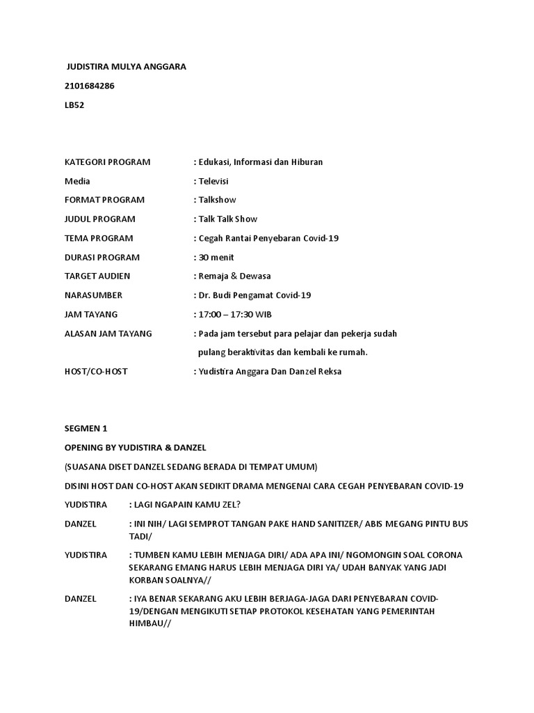 Assigment Naskah TV Talkshow - Judistira - 2101684286 | PDF ...