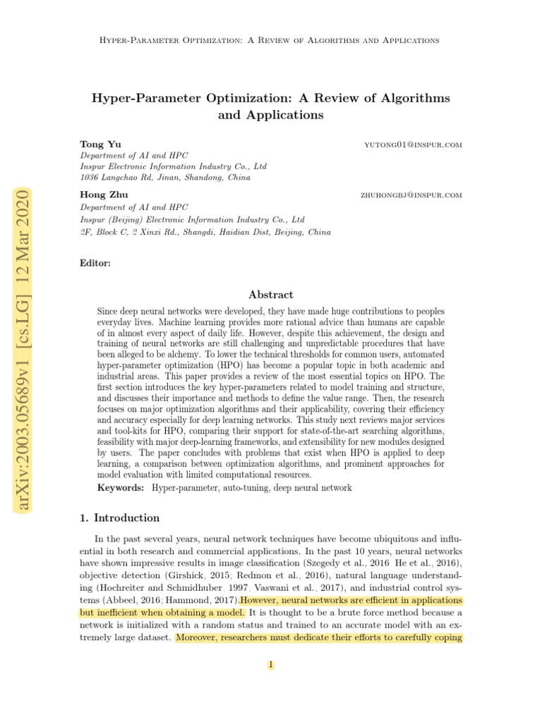 Hyper-Parameter Optimization: A Review of Algorithms and Applications | Download Free PDF ...