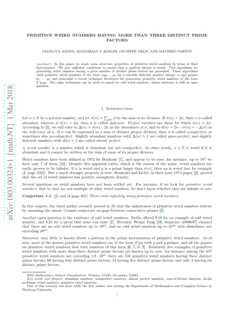 Primitive Weird Numbers with Four Primes | PDF | Prime Number ...