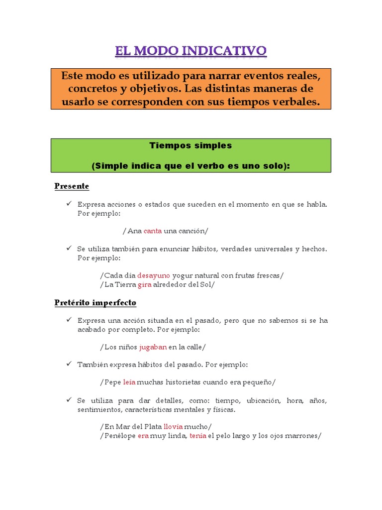 Modo Indicativo - Tiempos Verbales | Descargar gratis PDF | Verbo ...