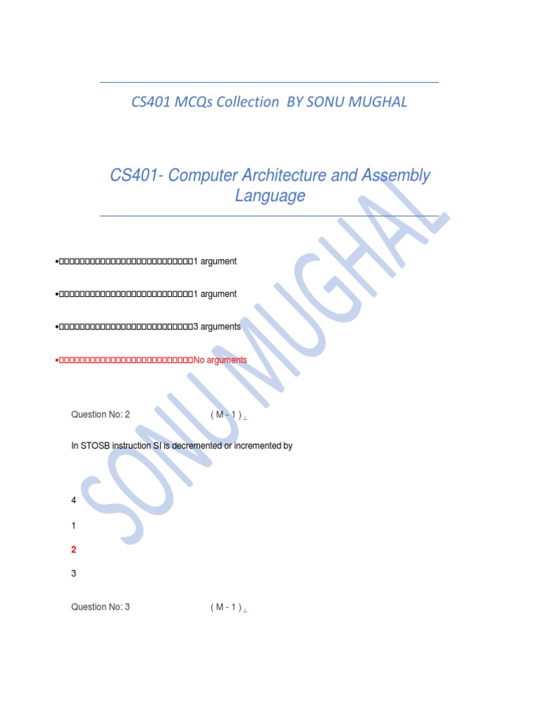 CS401 MCQs Collection BY SONU MUGHAL | PDF | Assembly Language | Pointer (Computer Programming)