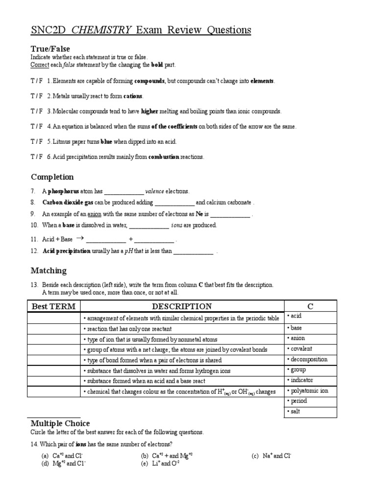SNC2D Mock Exam - Unit 2 Chemistry | PDF | Ion | Chemical Compounds