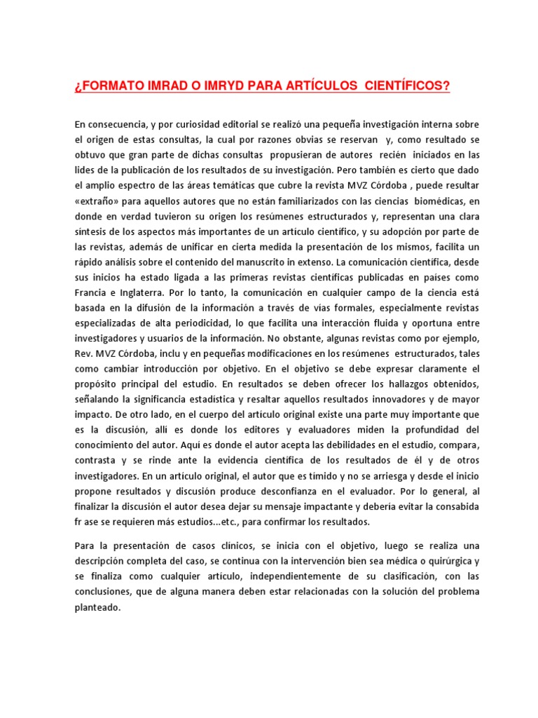 Formato Imrad o Imryd para Artículos Científicos | PDF | Método científico | Sumario abstracto)